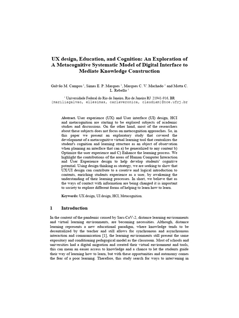 UX Design, Education, and Cognition: An Exploration of A Metacognitive Systematic Model of ...