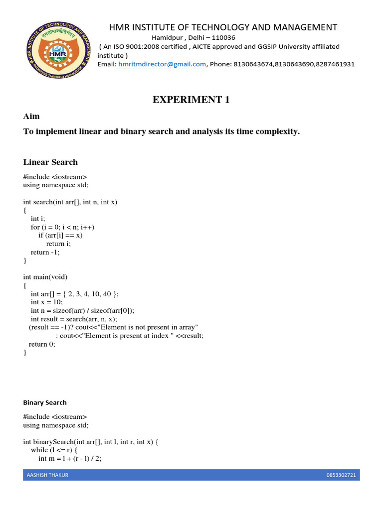HMR Institute of Technology and Management: Experiment 1 | PDF | Computer Programming ...