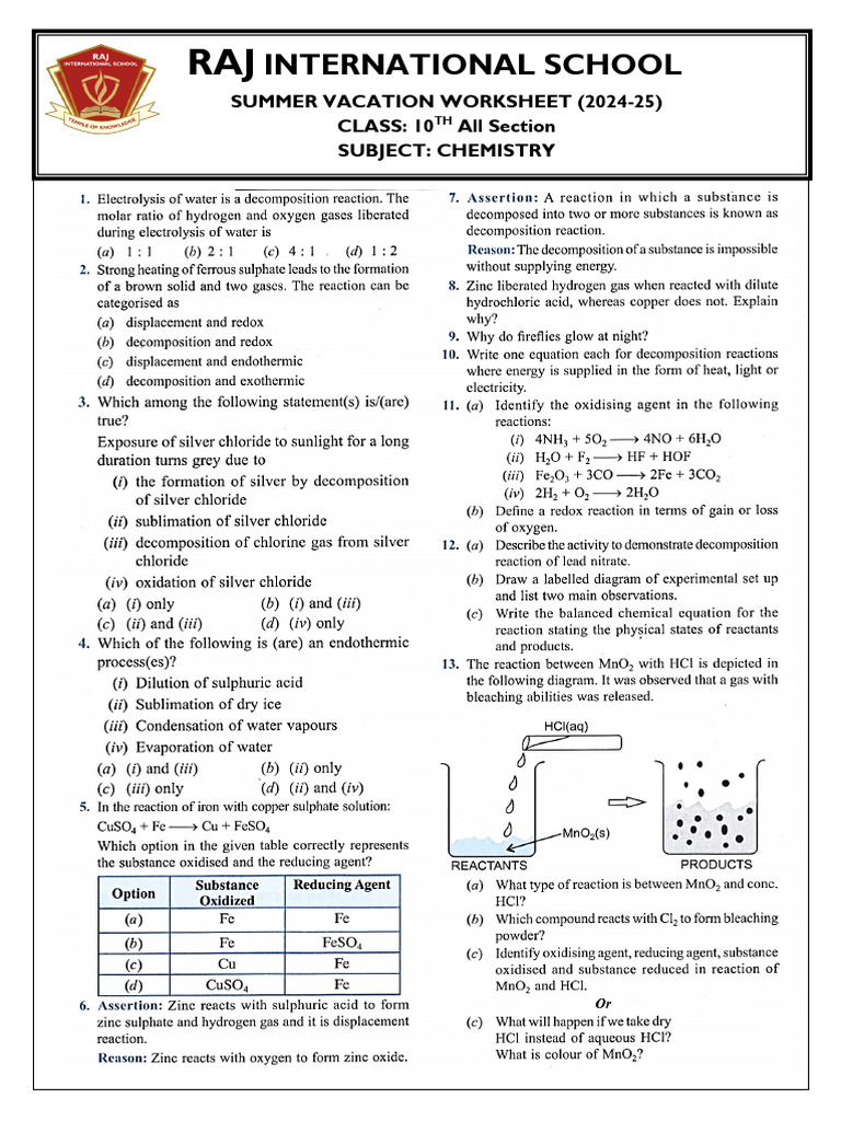 10th All Section Chemistry Worksheet | PDF