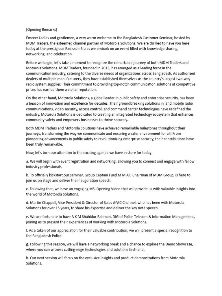 Emcee Script - Bangladesh Customer Seminar | PDF