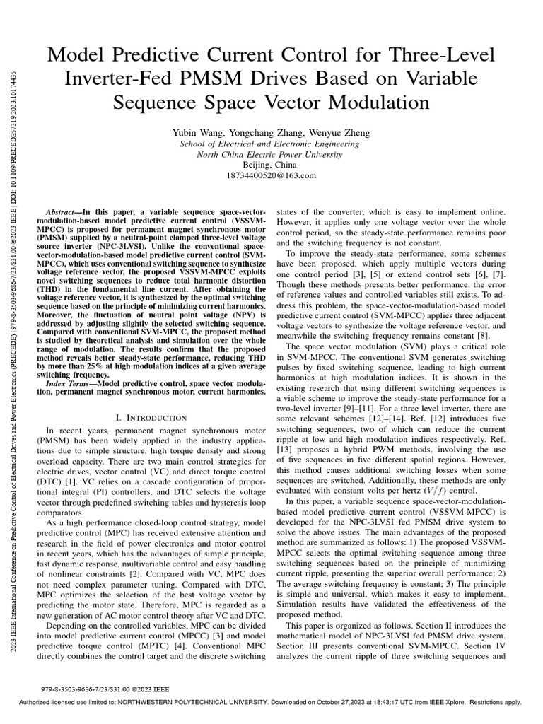 Model Predictive Current Control For Three-Level Inverter-Fed PMSM ...