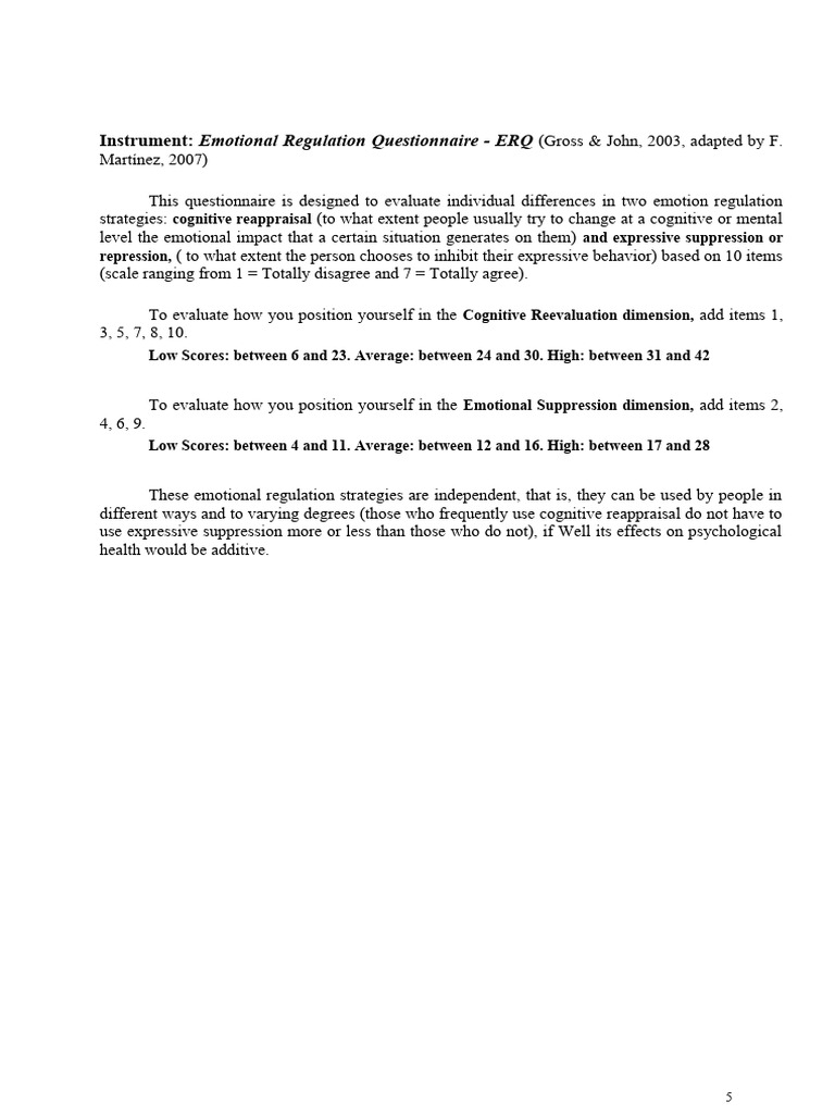 Instrument:: Emotional Regulation Questionnaire - ERQ | PDF | Emotional ...