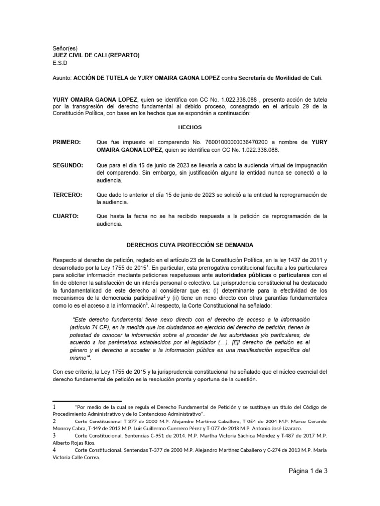 Tutela Por No Inicio Audiencia LD-349886 YURY Omaira Gaona Lopez | PDF | Petición | Derecho ...