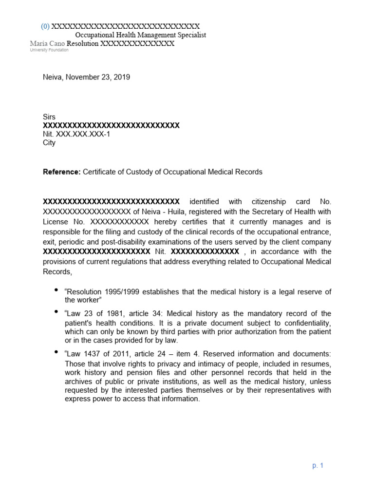 Custody of Occupational Medical Records Certificate | PDF | Medical Record | Health Care