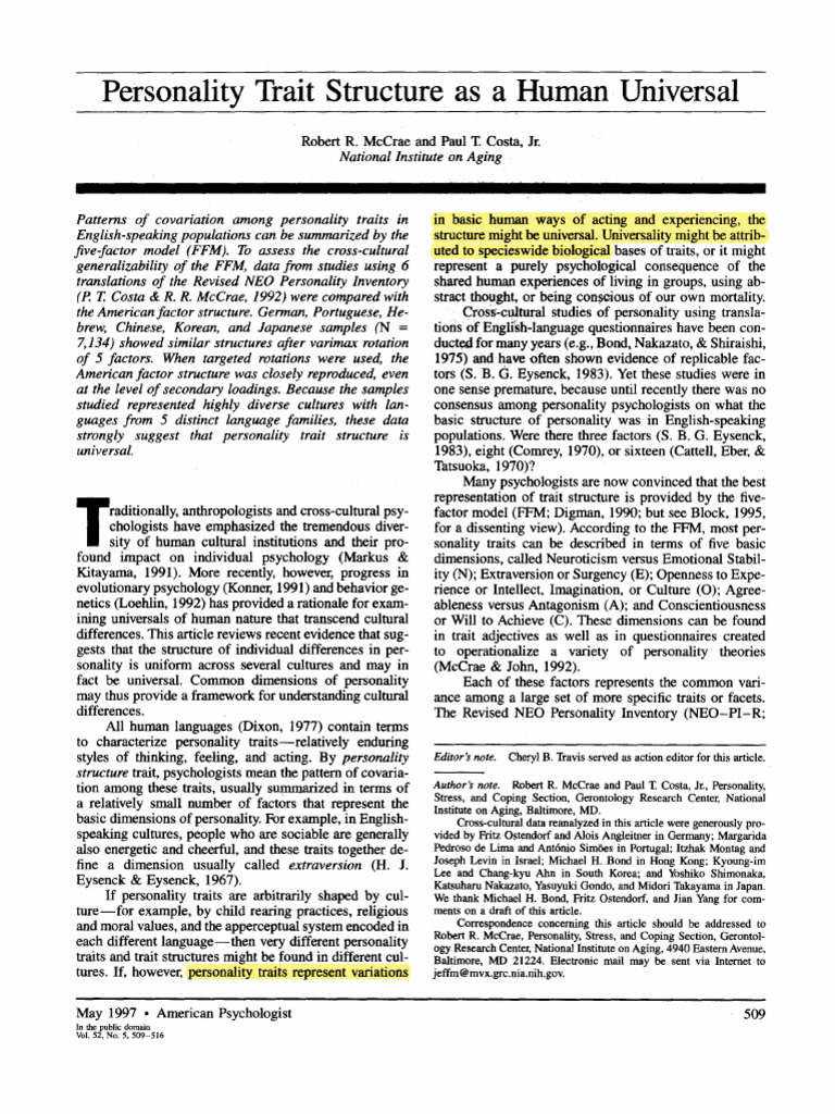 Personality Trait Structure As A Human Universal - Authors - Mccrae ...