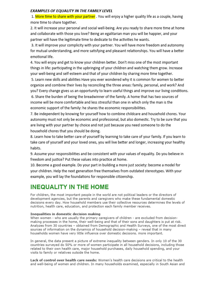 Examples of Equality in The Family Environment | PDF | Woman ...