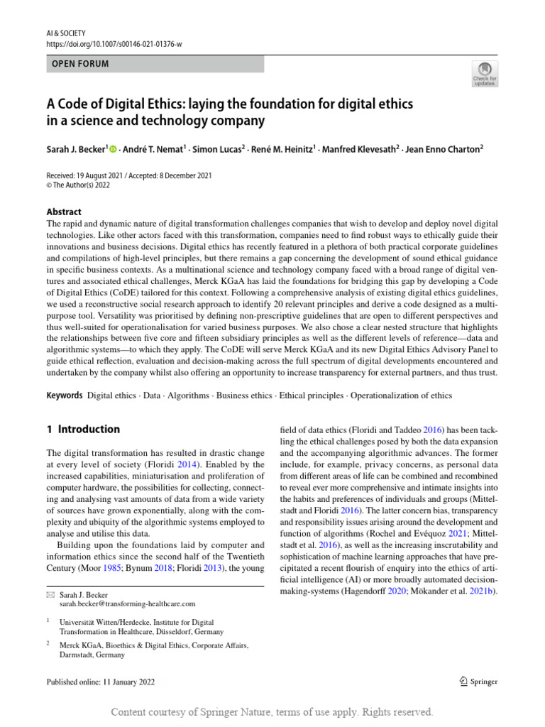 Code of Digital Ethics for Companies | PDF | Bioethics | Artificial ...