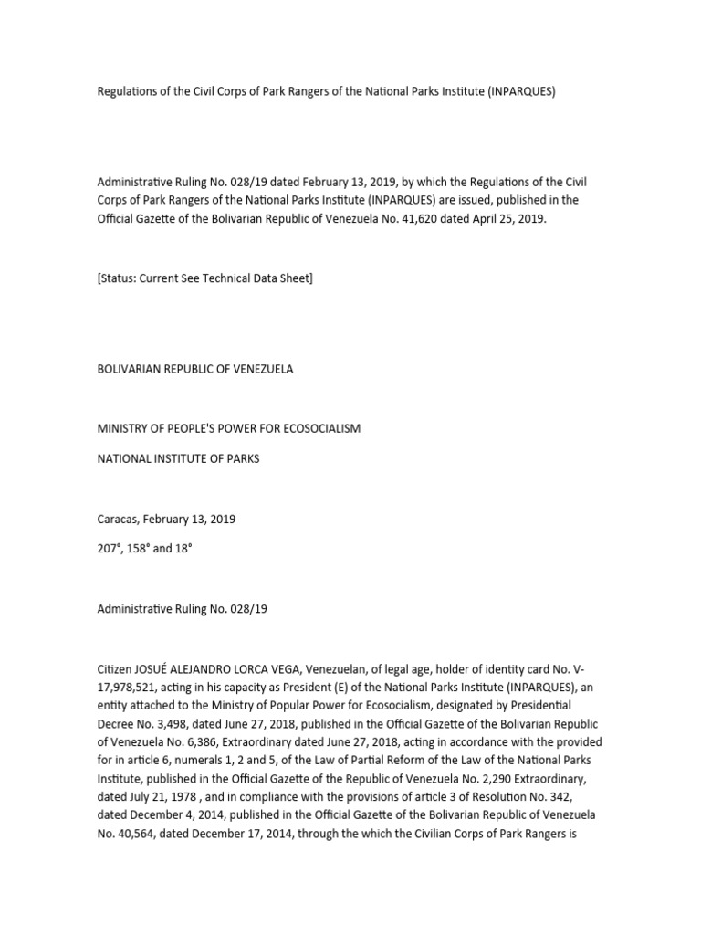 Civil Corps of Park Rangers Regulations | PDF | Regulatory Compliance ...