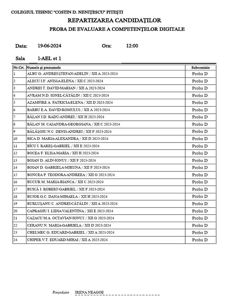 Repartitie Proba D | PDF