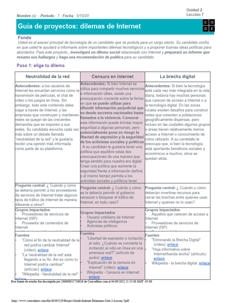 Guía Del Proyecto Dilemas de Internet Unidad 2 Lección 7 PDF | PDF ...