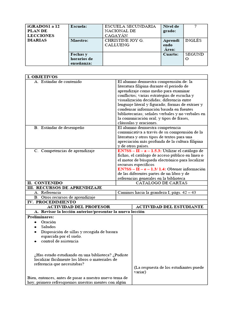 Plan de Lección Diario en El Catálogo de Tarjetas | PDF | Libros