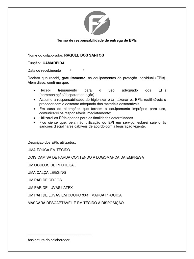 Termo de Responsabilidade de Entrega de EPIs | PDF