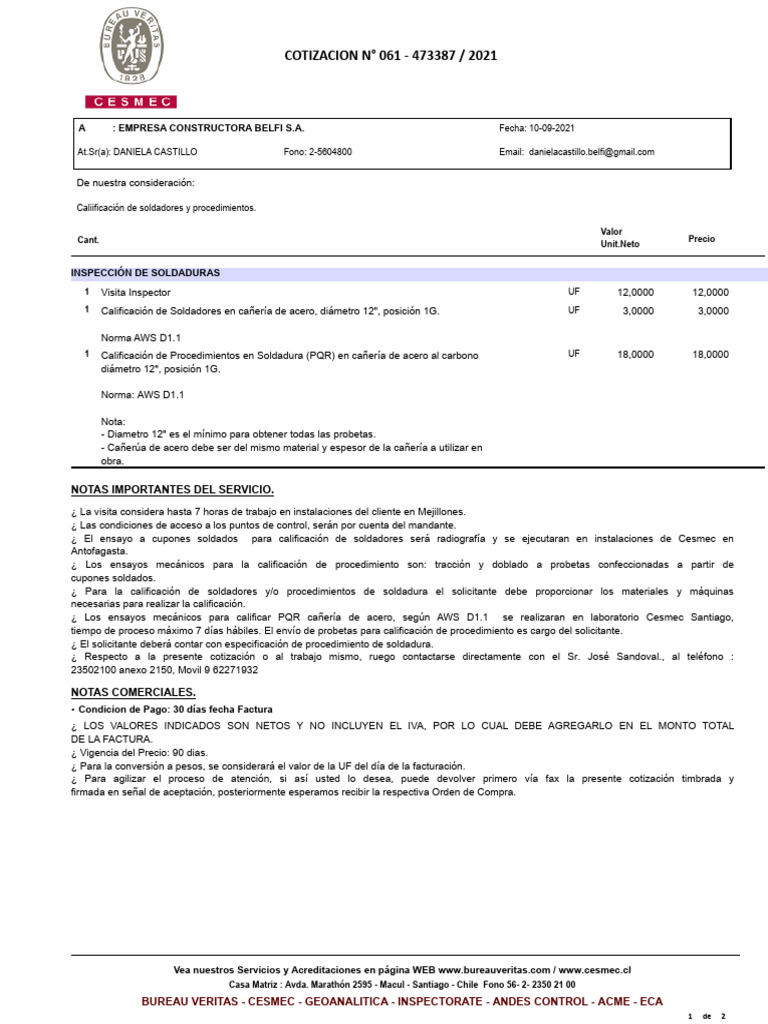 Cotizacion Cesmec 473387 | PDF | Soldadura | Construcción