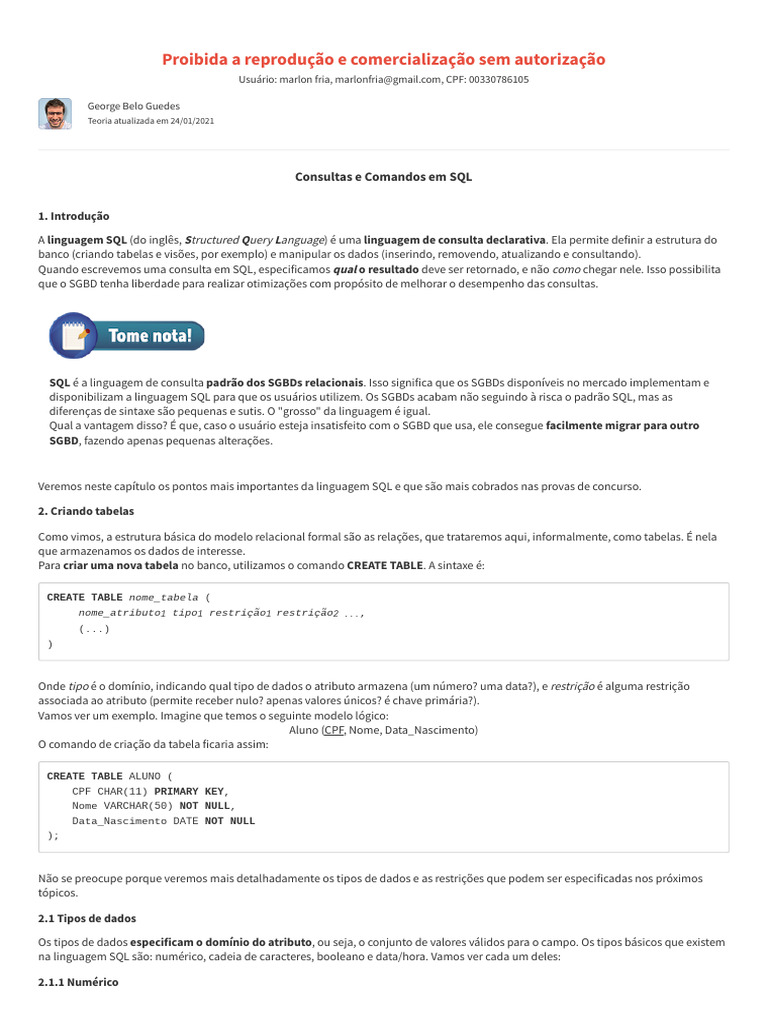 Teoria - Consultas e Comandos em SQL | PDF | SQL | Bancos de dados