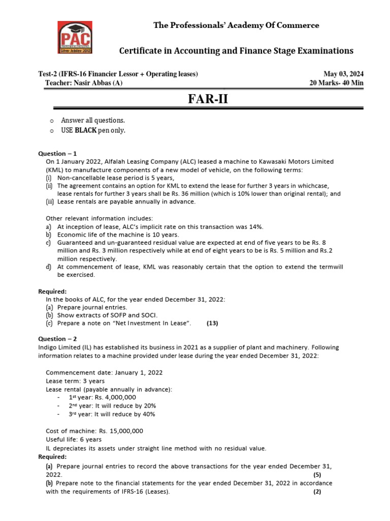 FAR-2 TEST 2 IFRS 16 (Financier Lessor + Operating Lease) | PDF | Lease ...