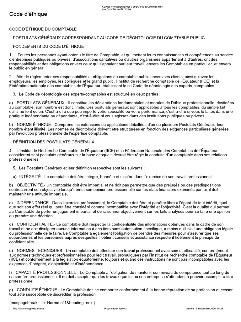Code de Déontologie Du Comptable Équatorien | PDF | Comptabilité | Audit