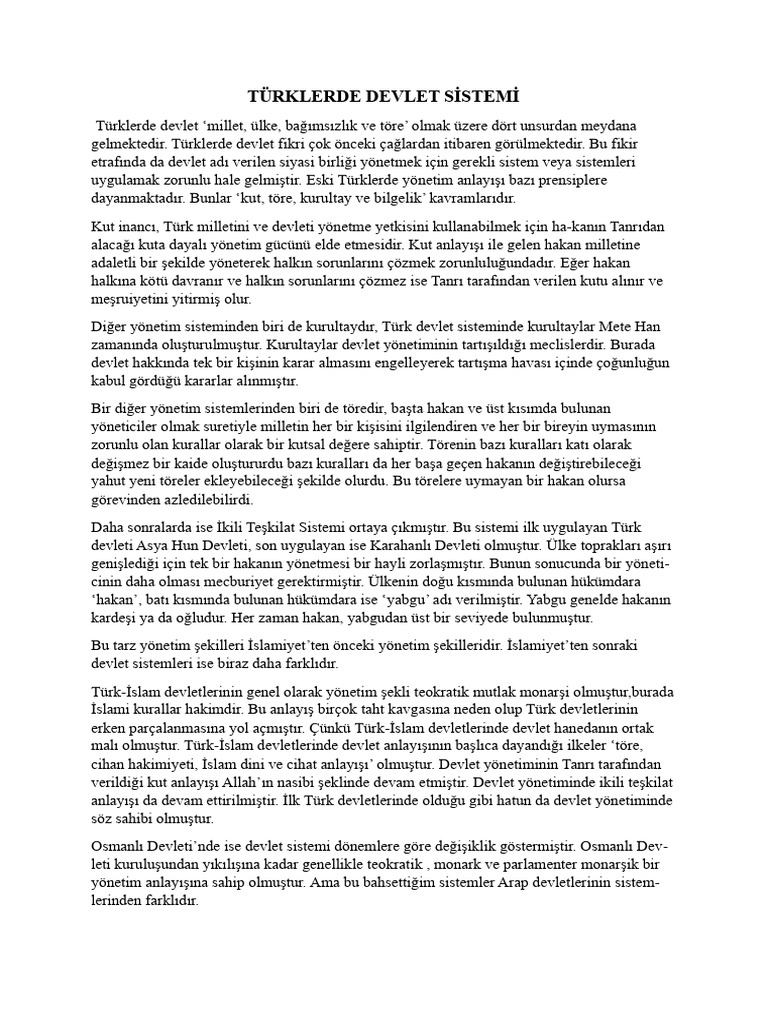 Türklerde Devlet Si̇stemi̇ | PDF
