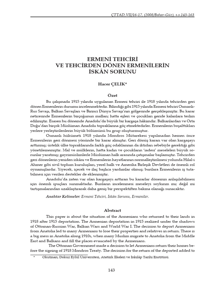 Ermeni Tehciri Ve Tehcirden D - Nen Ermenilerin - SK - N Sorunu ... Ermeni Tehciri Ve Tehcirden D - Nen Ermenilerin - SK - N Sorunu ...