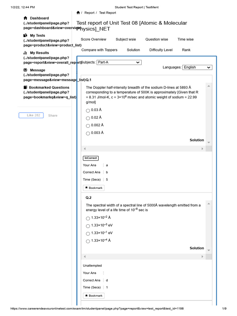 Atomic&mol. Test 1 | PDF | Electronvolt | Atoms
