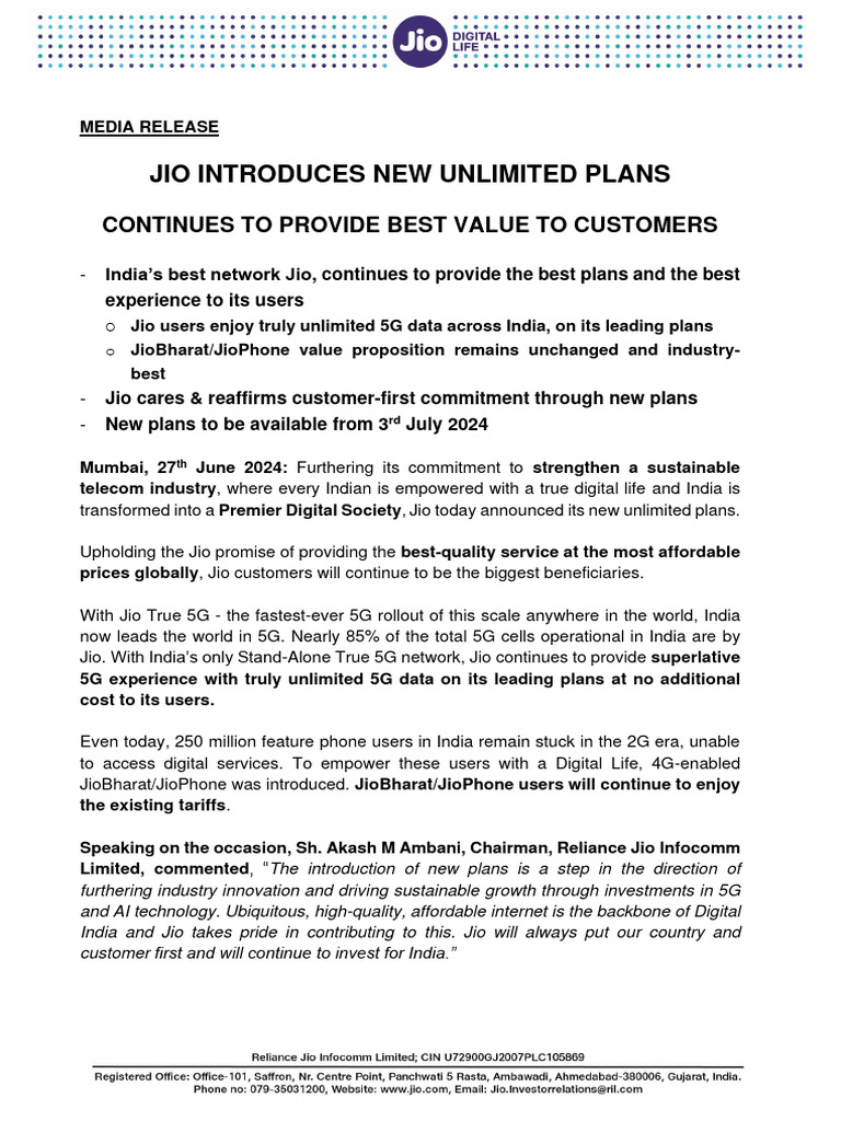 MR Jio Introduces New Unlimited Plans | PDF | Telecommunications | Information And ...