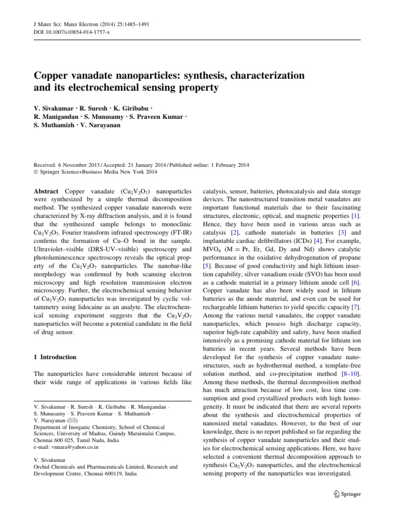 Copper Vanadate Nanoparticles - Synthesis, Characterization - and Its ...