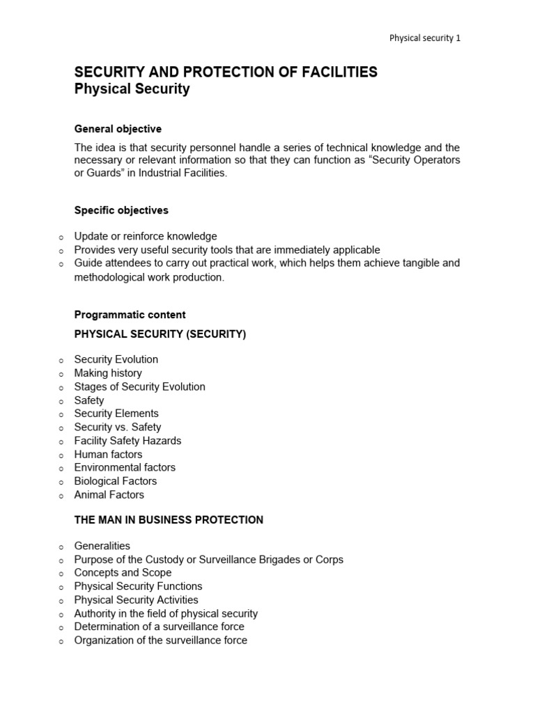 SECURITY AND PROTECTION OF FACILITIES Physical Security | PDF | Charge ...