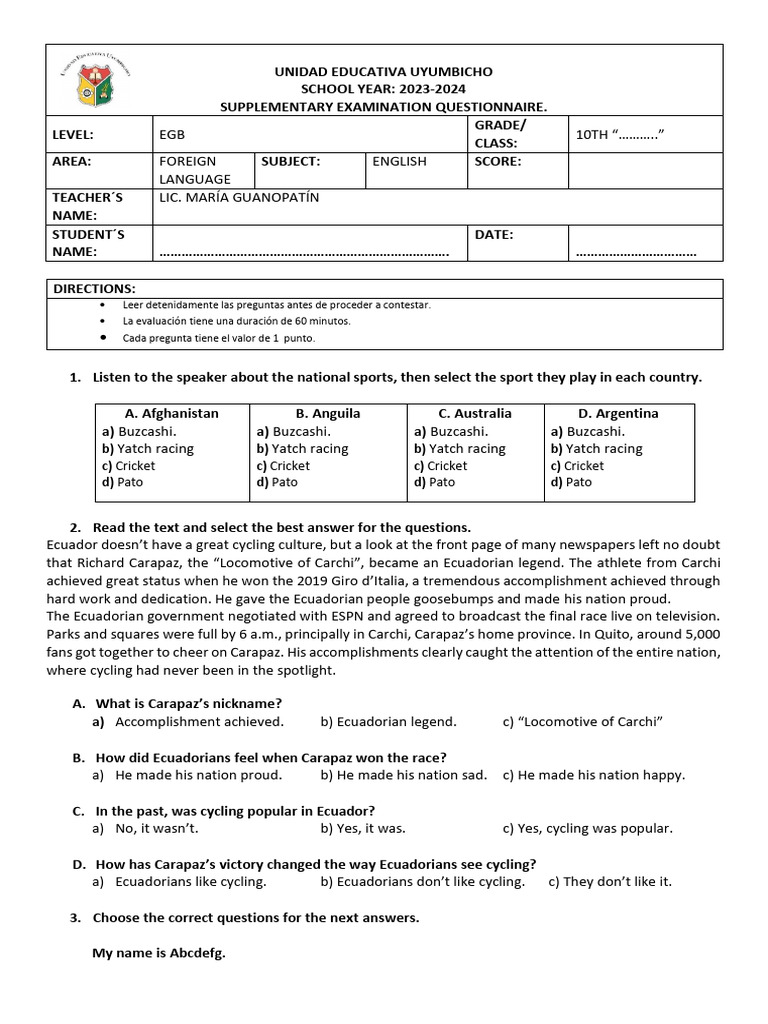 Supplementary Examination Questionnaire - 10TH Egb | PDF | Prison ...