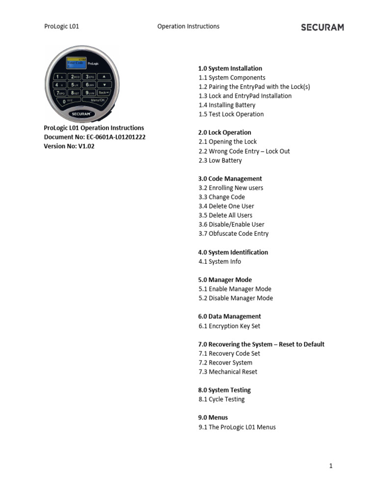ProLogic L01 Lock Operation Guide | PDF | Menu (Computing) | Encryption