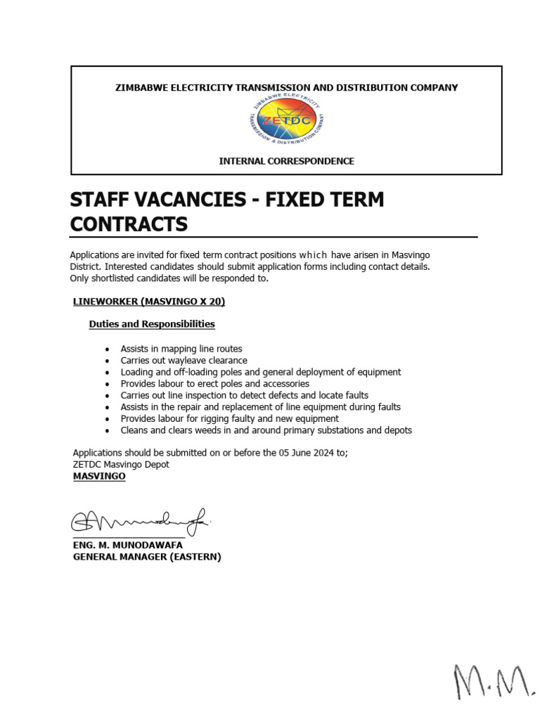 Staff Vacancies - Masvingo District (Adverts) | PDF | Electrical ...