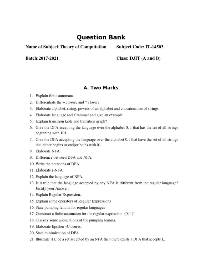 Theory of Computation-It-14503 | PDF | Regular Expression | Automata Theory