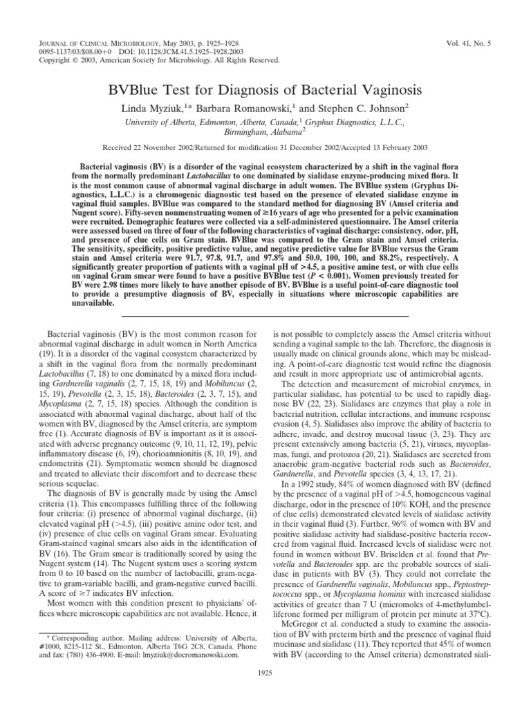 Bvblue Test For Diagnosis of Bacterial Vaginosis: Linda Myziuk, Barbara ...