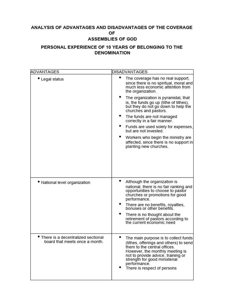 Analysis of Advantages and Disadvantages of Assemblies of God Coverage ...