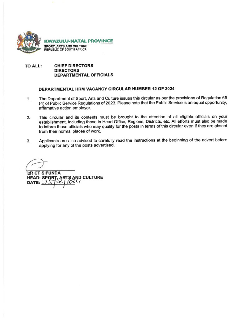 HRM Vacancy Circular No. 12 of 2024 | PDF