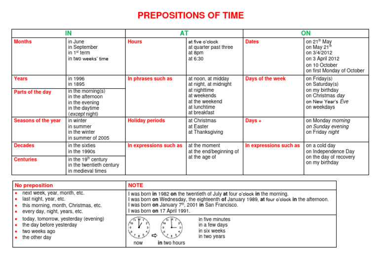 Prepositions of Time Chart To Send | PDF | Workweek And Weekend ...
