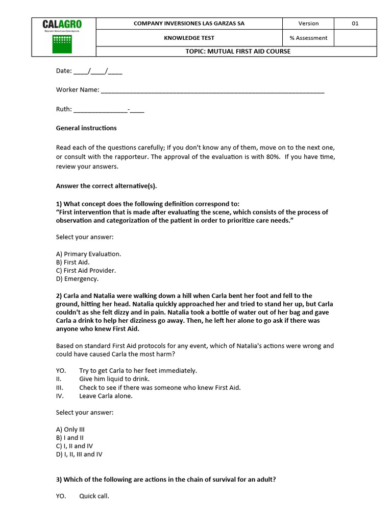 Workers First Aid Course Evaluation | PDF | Cardiopulmonary ...