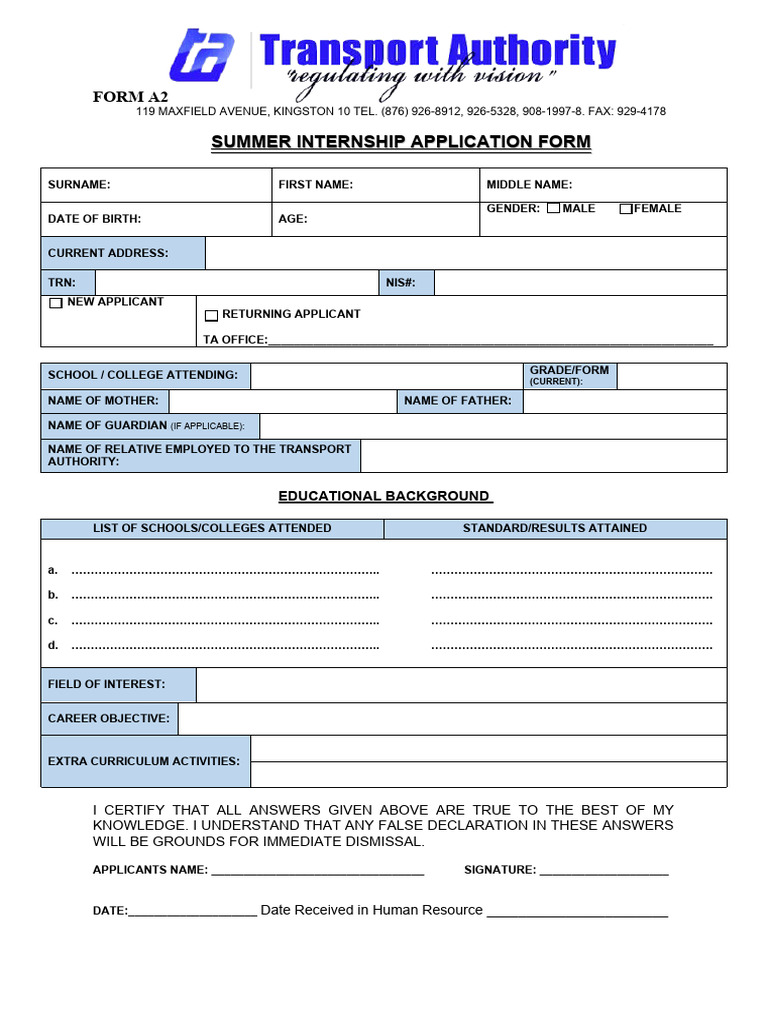 Summer Internship Application Form 1 | PDF