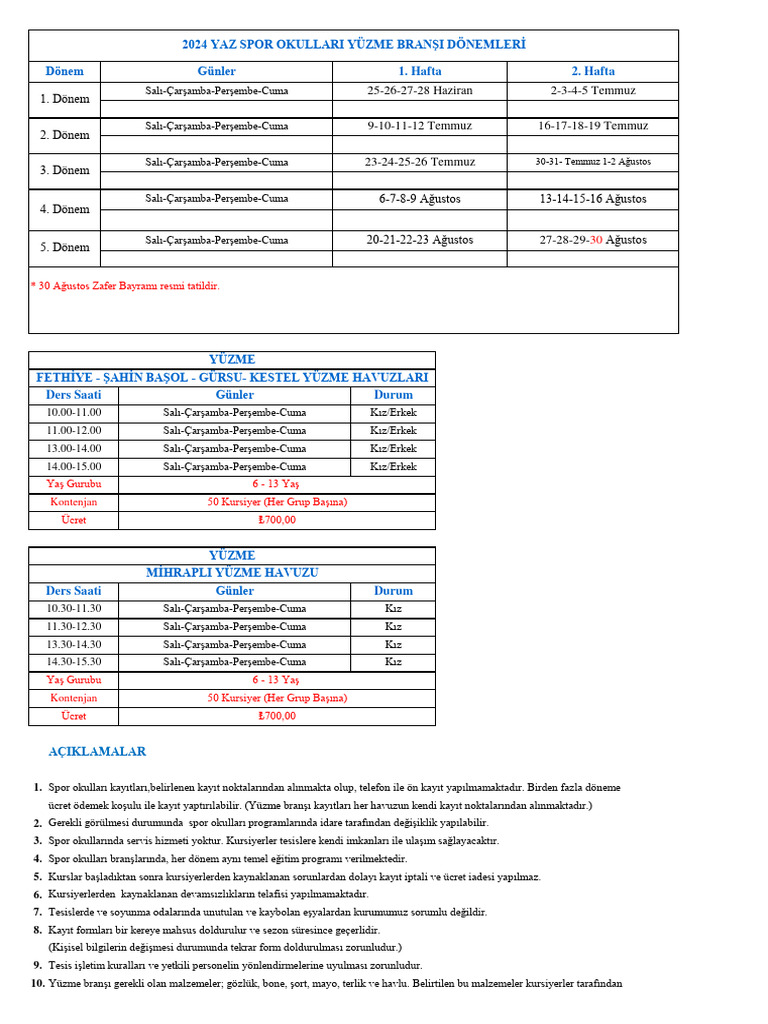 2024 Yuzme Yaz Spor Okullari | PDF