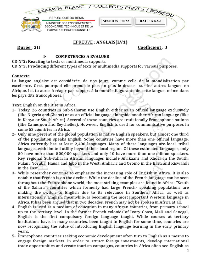 Preuve Bac Blanc 2022 Anglais LV1 Serie A1-A2 Collectif Des Collèges Privés Du Borgou | PDF ...
