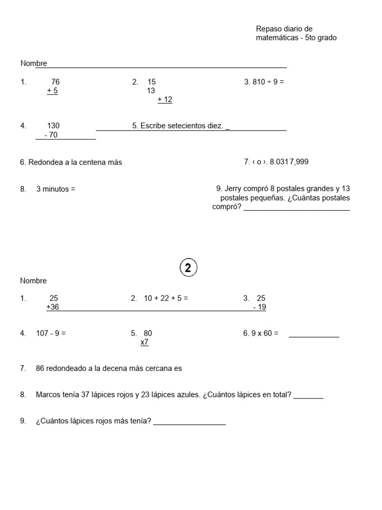 Hojas de Repaso Diario de Matemáticas Grado 5 PDF | PDF | Moneda ...