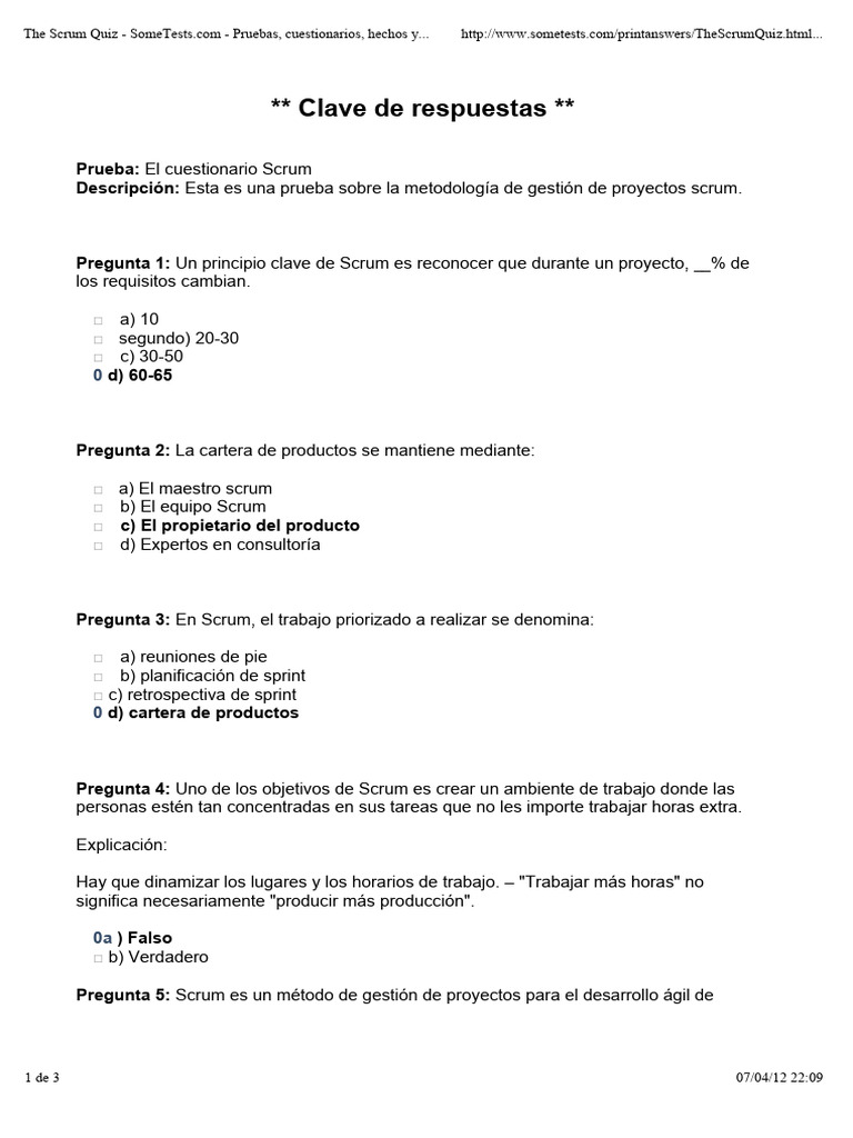 Cuestionario Scrum: Prueba y Respuestas | PDF | Scrum (desarrollo de software) | Informática