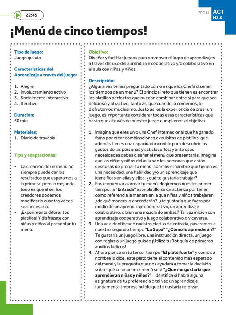 M3.5 ¡Menu de Cinco Tiempos | Descargar gratis PDF | Aprendizaje | Cognición