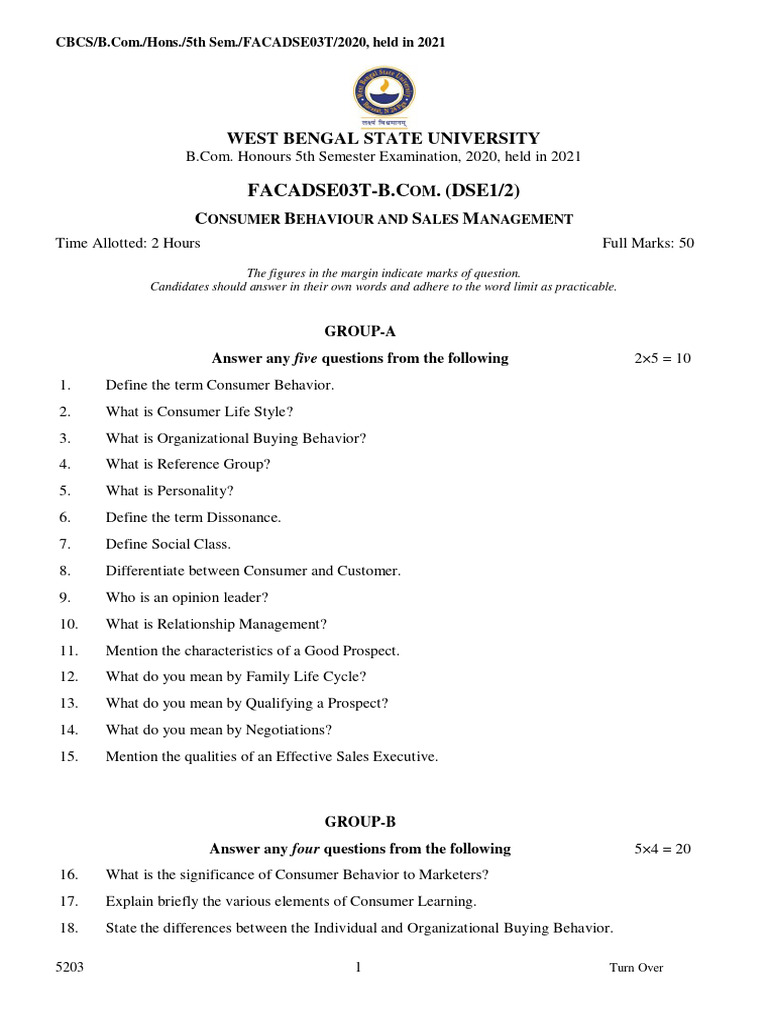 Consumer Behaviour And Sales Management West Bengal State University