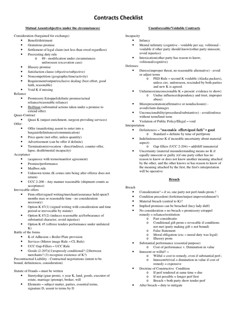 Contracts Checklist | PDF | Offer And Acceptance | Consideration