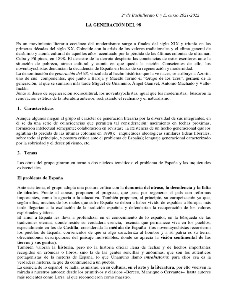Generación del 98: Literatura y Temas | PDF