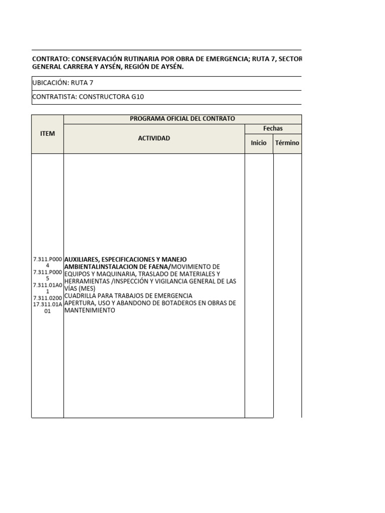 Formato Programa e Informe Bases CONSTRUCTORA G10 OBRA PTO TRANQUILO ...