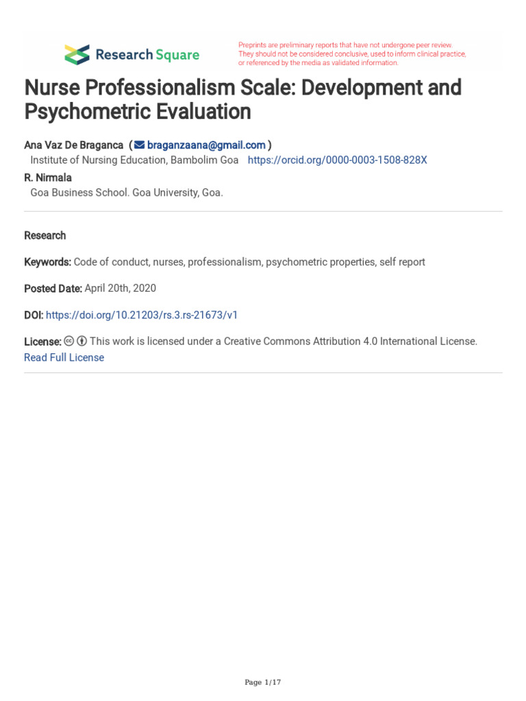Nurse Professionalism Scale Development and Psycho | PDF | Factor ...