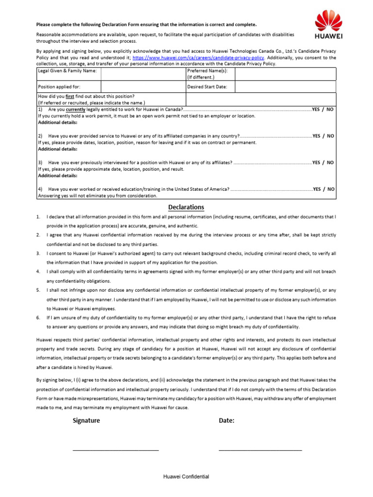Huawei Canada Declaration Form | PDF | Confidentiality | Trade Secret