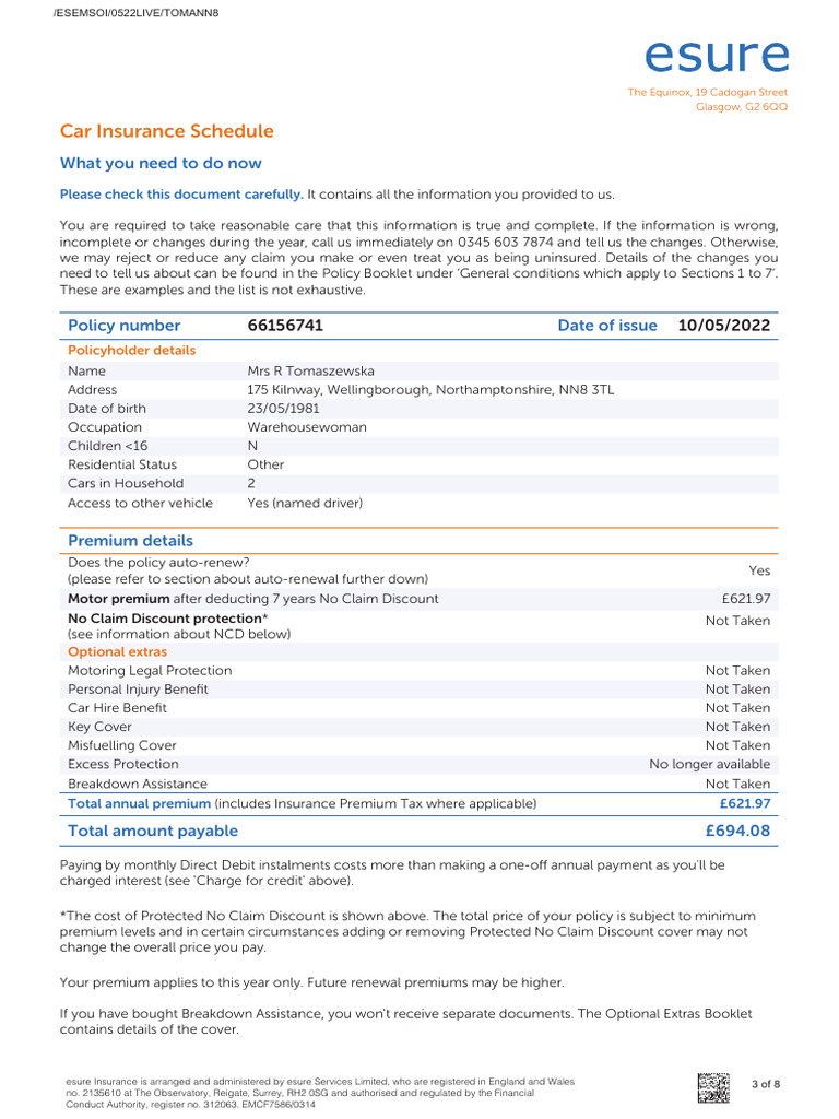 Car Insurance Schedule 214677920 | PDF | Insurance | Financial Risk