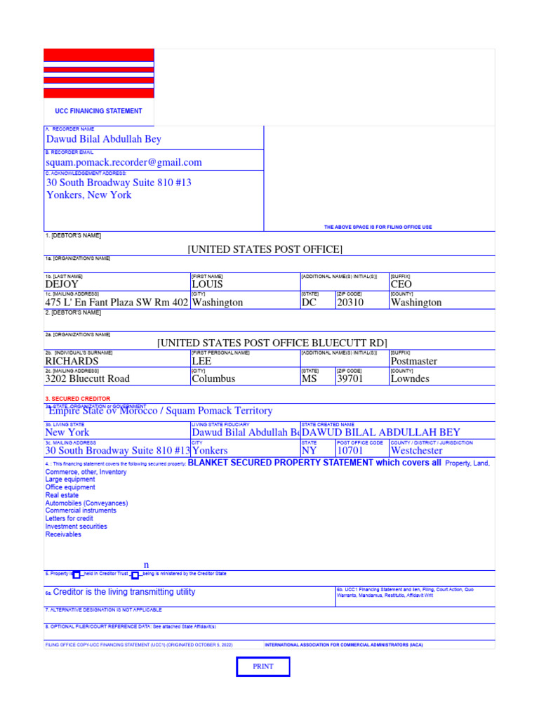 Empire Ucc1 Fillable Form1 USPS Bluecutt Dawud Bey | PDF | United ...