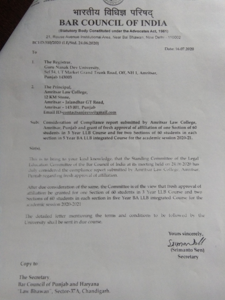 Alc Approval From Bar Council of India | PDF